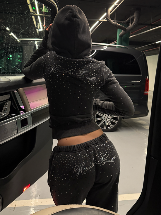HIDDEN CULT Rhinestone Black Wash Fitted Zip Hoodie